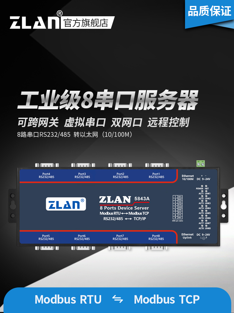 【ZLAN】串口服务器8口RS232/485串口转以太网双网口上海卓岚ZLAN 产品关键词:上海卓岚8串口服务器;8口RS485串口服务器;卓 ...
