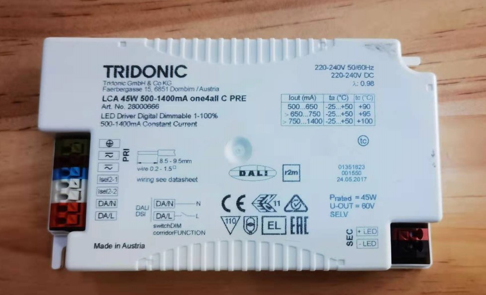 Tridonic 锐高DALI 调光电源LCA 45W 500-1400mA one4all SC PRE 产品关键词:锐高调光;锐高电源;锐高dali电源