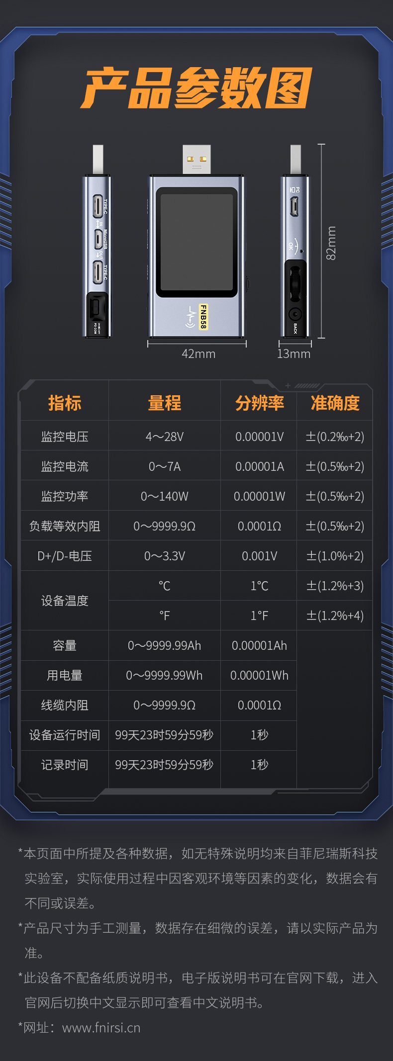 FNIRSI-FNB58 USB电压电流表Type-C快充功率测试仪QC/PD协议诱骗 产品关键词:电流表pdqc;FNB58电流表