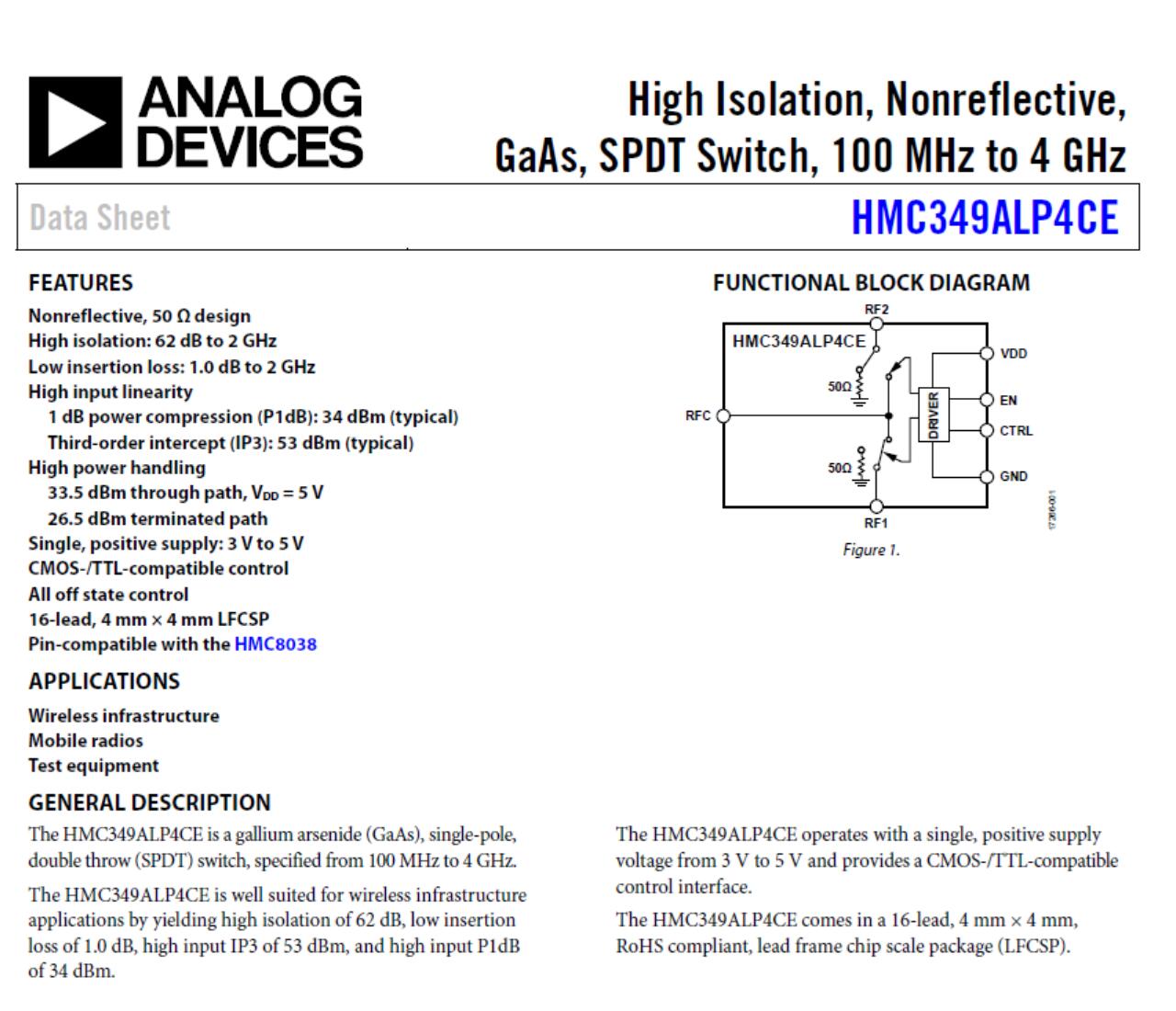 HMC349 HMC849 HMC8038 射频开关模块 单刀双掷 6GHz带宽 高隔度
