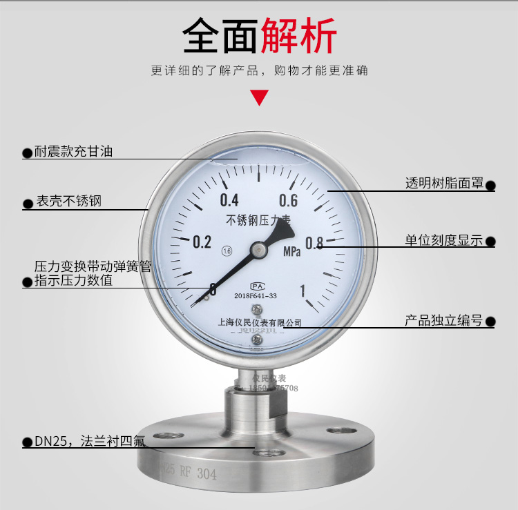 YTP-100ML MF不锈钢耐震隔膜压力表 法兰压力表 DN25 DN50 1.6mpa