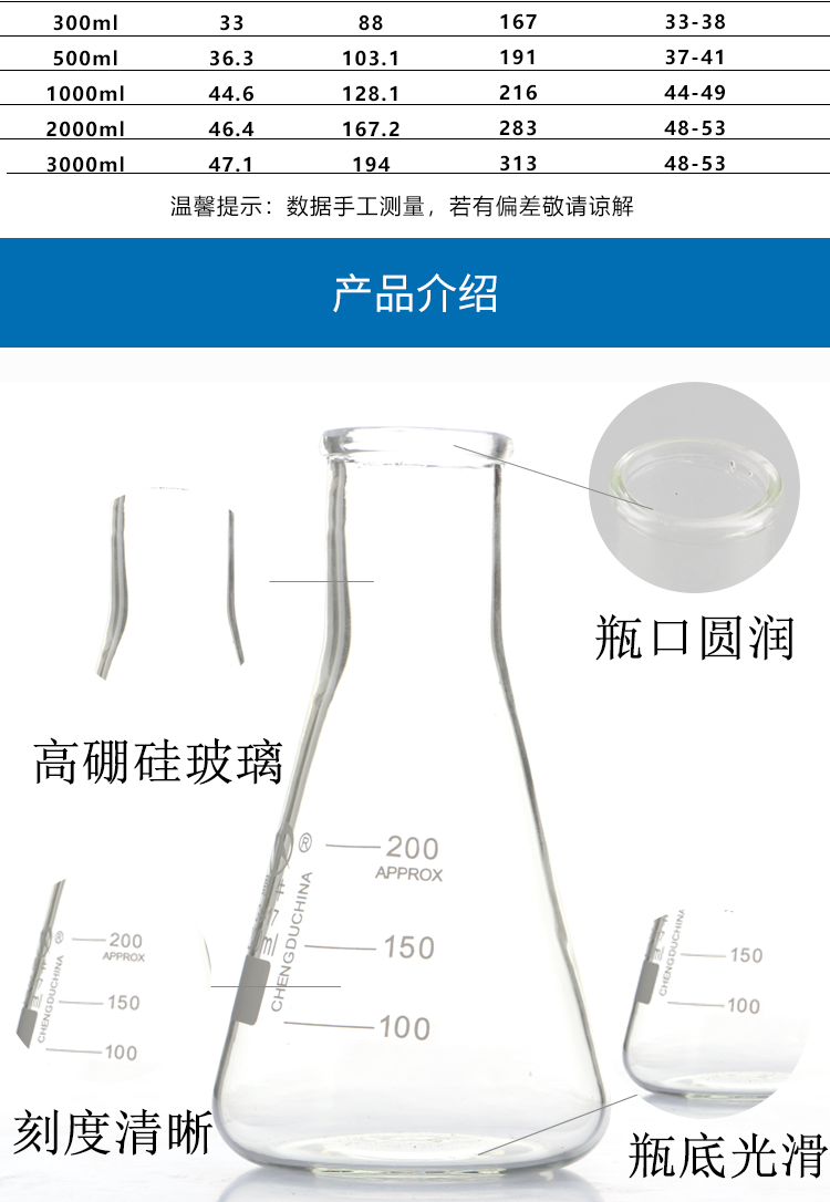 蜀牛玻璃三角烧瓶锥形瓶50ml-150/200/250/500/1000/5000ml2L5L 产品关键词:200锥形瓶;锥形瓶5000;三角烧瓶5000;蜀牛5000ml锥形瓶;50mL锥形 ...