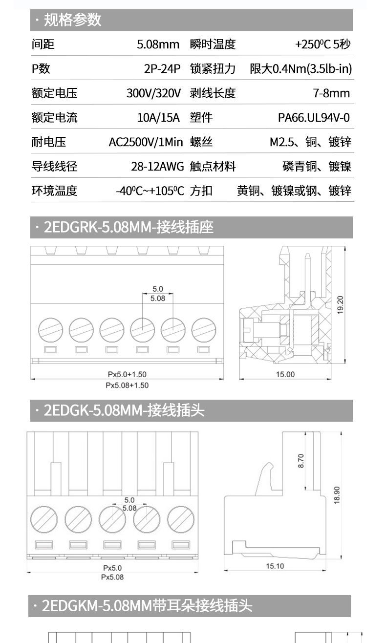 穿墙免焊对接2EDGWC-5.08MM带法兰可固定面板对插拔式接线端子