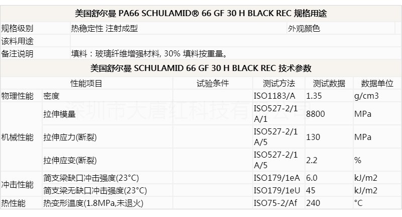 美国舒尔曼 PA66 SCHULAMID 66 GF 30 H 均衡的Nylon66塑料