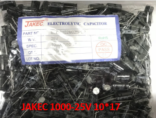JAKEC全新铝电解电容25V1000UF 25V 1000UF 10*17 250PCS/包=32元 产品关键词:jake电容;jakec铝电解电容;jakec铝电解;25v1000uf价格