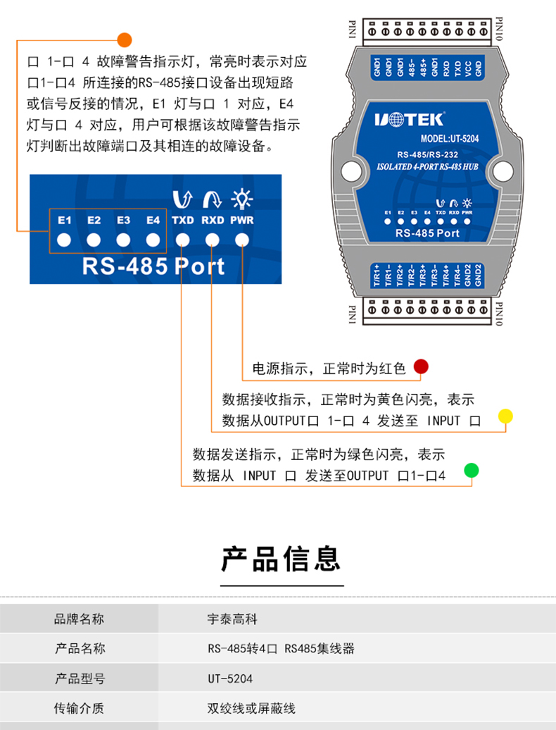 485集线器4口工业级带光电隔离485分配器一分四模块宇泰UT-5204防