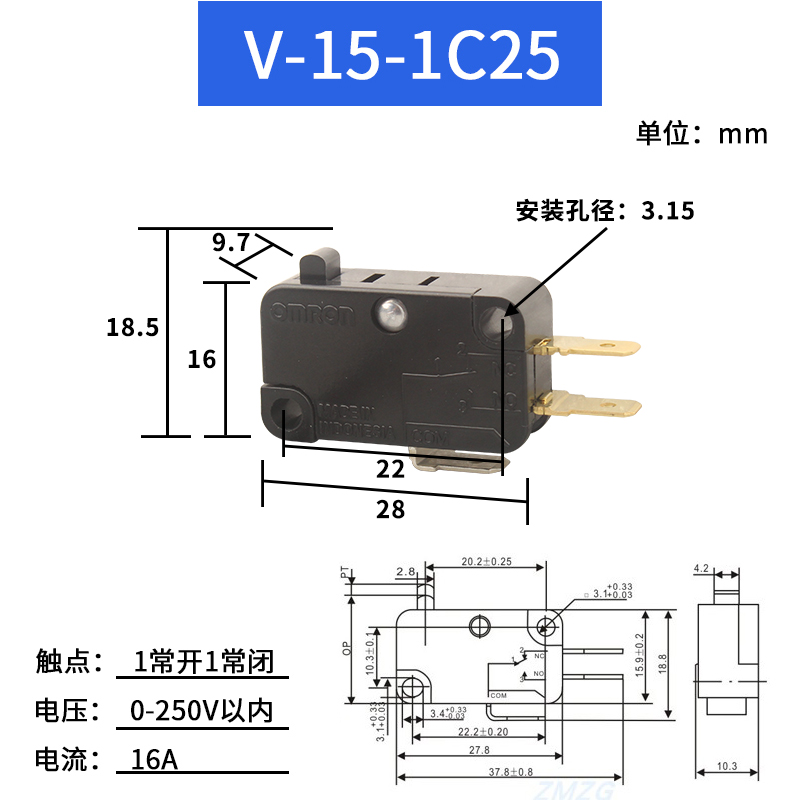 OMRON欧姆龙微动开关V-15/155/156-1C25小型行程限位开关3脚16A 产品关键词:限位开关v_15_1c25;v-15微动