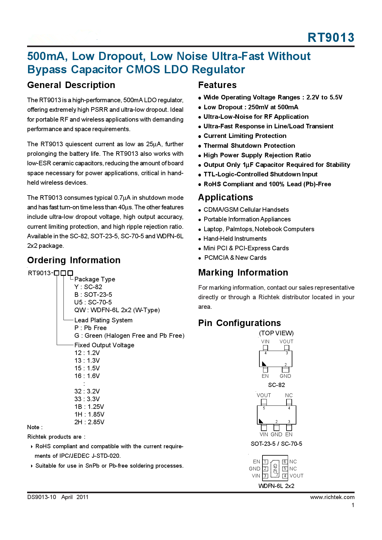 RT9013-33GB 3.3V 12/15/18/25/28/3V 500ma LDO线性稳压器IC芯片